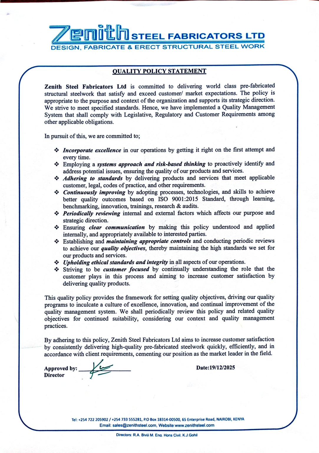 Quality Policy Statement - Zenith Steel Fabricators Ltd - design ...